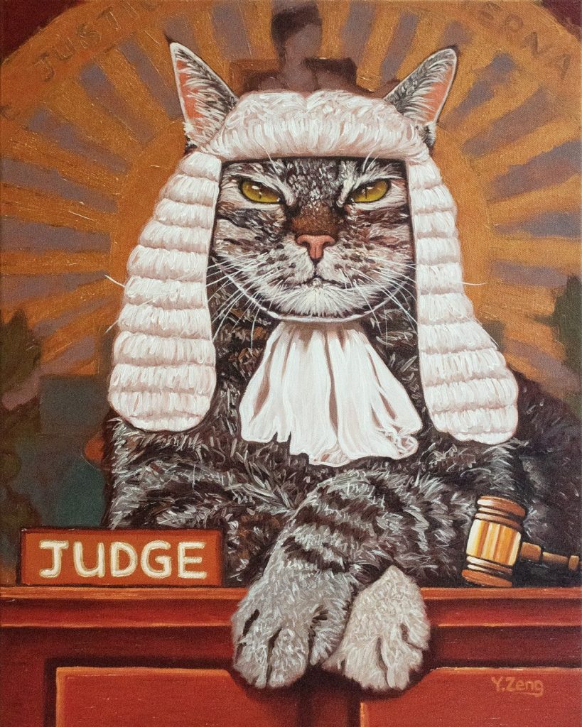"Cat judge" Fantasy oil painting - Yue Zeng Art Studio